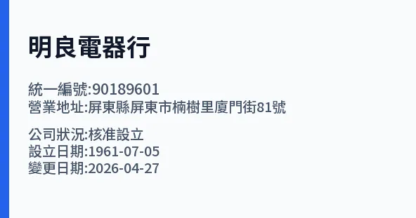 明良電器行的照片-統編 90189601(屏東縣) 公司登記資料與營業項目詳細圖表