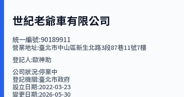 世紀老爺車有限公司的照片-統編 90189911(臺北市) 公司登記資料與營業項目詳細圖表