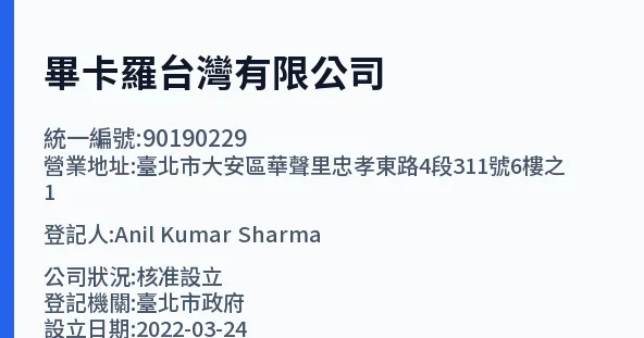 畢卡羅台灣有限公司的照片-統編 90190229(臺北市) 公司登記資料與營業項目詳細圖表