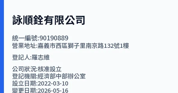 詠順銓有限公司的照片-統編 90190889(嘉義市) 公司登記資料與營業項目詳細圖表