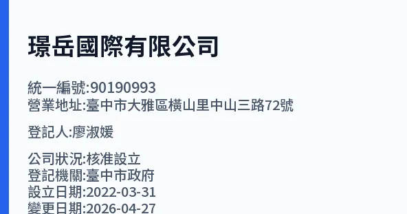 璟岳國際有限公司的照片-統編 90190993(臺中市) 公司登記資料與營業項目詳細圖表