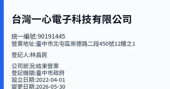 台灣一心電子科技有限公司的照片-統編 90191445(臺中市) 公司登記資料與營業項目詳細圖表