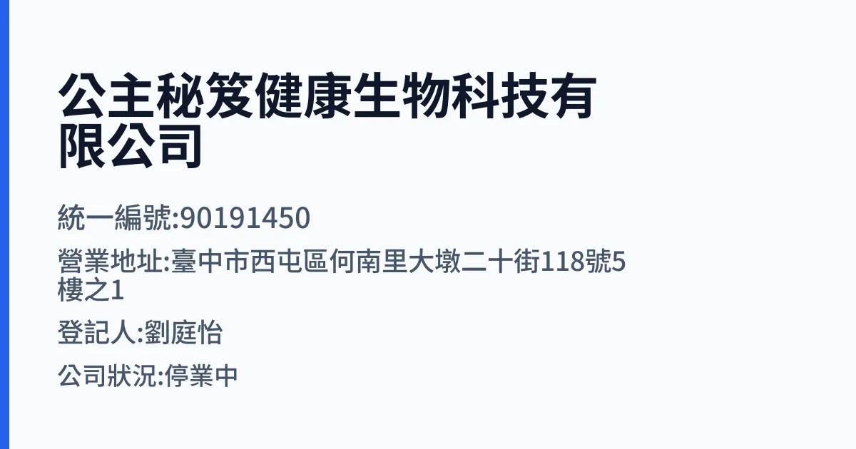 公主秘笈健康生物科技有限公司 - 統編 90191450(臺中市) 公司登記資料與營業項目詳細圖表