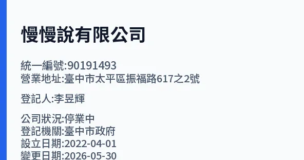 慢慢說有限公司的照片-統編 90191493(臺中市) 公司登記資料與營業項目詳細圖表