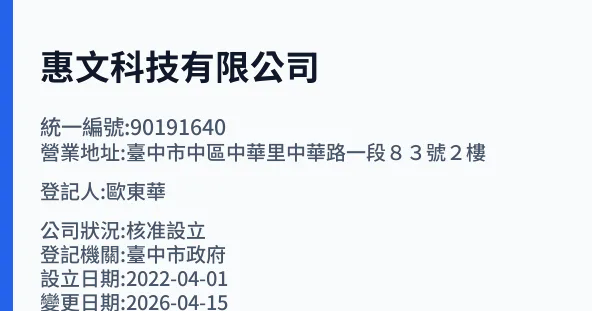 惠文科技有限公司的照片-統編 90191640(臺中市) 公司登記資料與營業項目詳細圖表