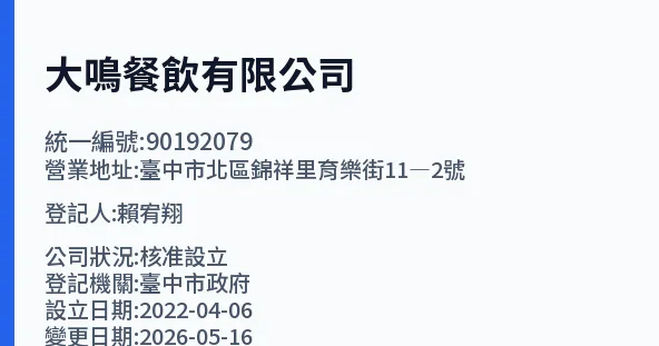 大鳴餐飲有限公司的照片-統編 90192079(臺中市) 公司登記資料與營業項目詳細圖表