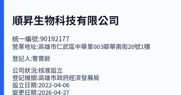 順昇生物科技有限公司的照片-統編 90192177(高雄市) 公司登記資料與營業項目詳細圖表