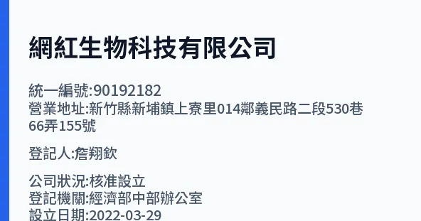 網紅生物科技有限公司的照片-統編 90192182(新竹縣) 公司登記資料與營業項目詳細圖表