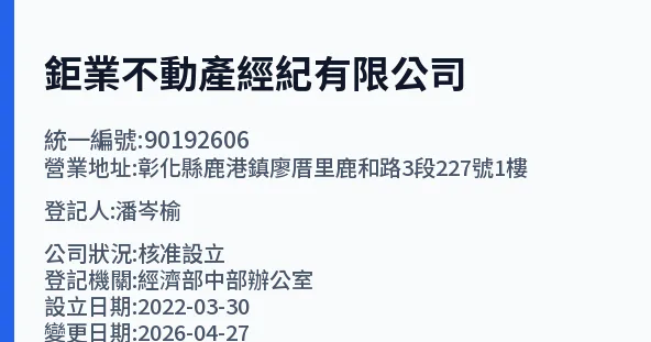 鉅業不動產經紀有限公司的照片-統編 90192606(彰化縣) 公司登記資料與營業項目詳細圖表