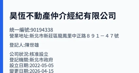 昊恆不動產仲介經紀有限公司的照片-統編 90194338(新北市) 公司登記資料與營業項目詳細圖表