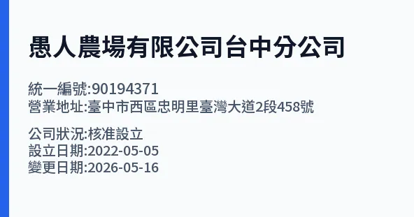 愚人農場有限公司台中分公司的照片-統編 90194371(臺中市) 公司登記資料與營業項目詳細圖表