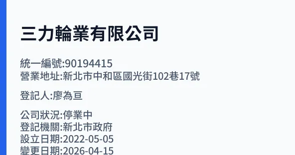 三力輪業有限公司的照片-統編 90194415(新北市) 公司登記資料與營業項目詳細圖表
