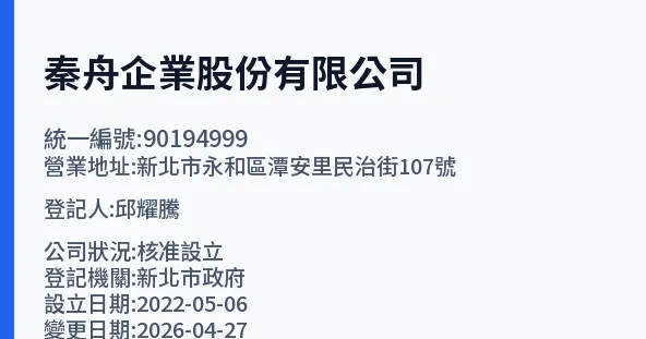 秦舟企業股份有限公司的照片-統編 90194999(新北市) 公司登記資料與營業項目詳細圖表
