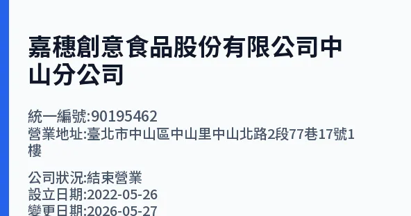 嘉穗創意食品股份有限公司中山分公司的照片-統編 90195462(臺北市) 公司登記資料與營業項目詳細圖表