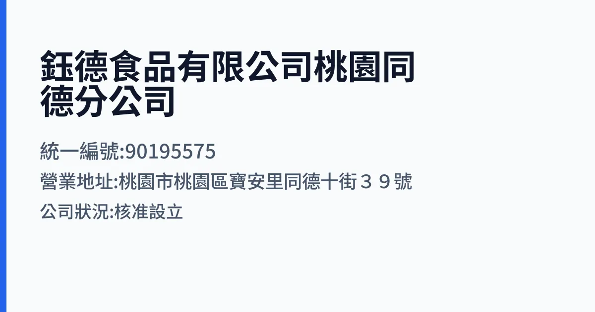 鈺德食品有限公司桃園同德分公司 - 統編 90195575(新北市) 公司登記資料與營業項目詳細圖表