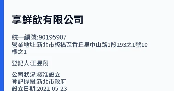 享鮮飲有限公司的照片-統編 90195907(新北市) 公司登記資料與營業項目詳細圖表