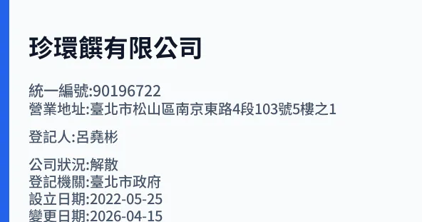 珍環饌有限公司的照片-統編 90196722(臺北市) 公司登記資料與營業項目詳細圖表