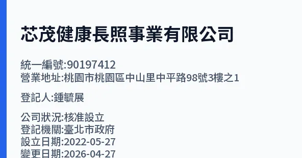芯茂健康長照事業有限公司的照片-統編 90197412(桃園市) 公司登記資料與營業項目詳細圖表