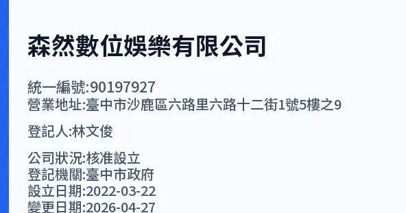 森然數位娛樂有限公司的照片-統編 90197927(臺中市) 公司登記資料與營業項目詳細圖表