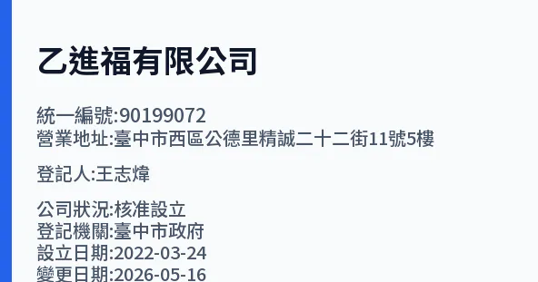 乙進福有限公司的照片-統編 90199072(臺中市) 公司登記資料與營業項目詳細圖表