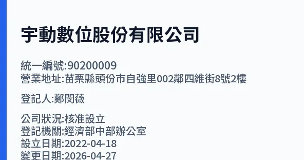 宇動數位股份有限公司的照片-統編 90200009(苗栗縣) 公司登記資料與營業項目詳細圖表