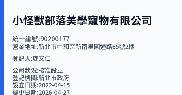 小怪獸部落美學寵物有限公司的照片-統編 90200177(新北市) 公司登記資料與營業項目詳細圖表