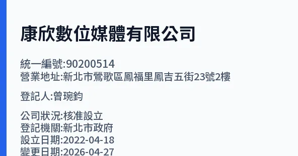 康欣數位媒體有限公司的照片-統編 90200514(新北市) 公司登記資料與營業項目詳細圖表