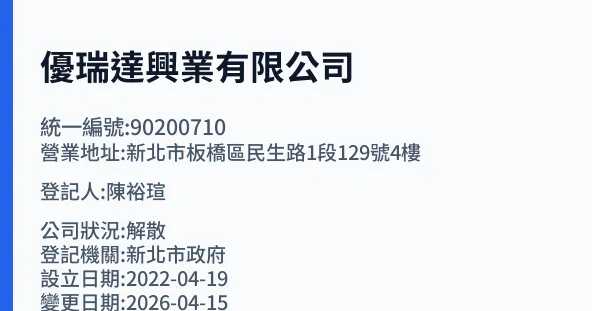 優瑞達興業有限公司的照片-統編 90200710(新北市) 公司登記資料與營業項目詳細圖表