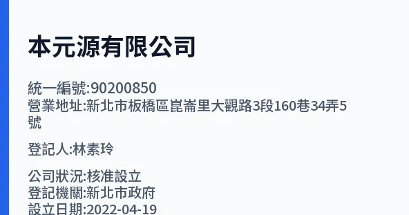 本元源有限公司的照片-統編 90200850(新北市) 公司登記資料與營業項目詳細圖表
