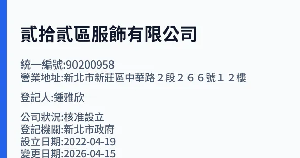 貳拾貳區服飾有限公司的照片-統編 90200958(新北市) 公司登記資料與營業項目詳細圖表