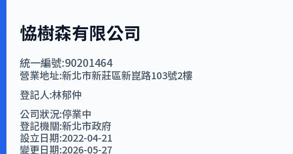 恊樹森有限公司的照片-統編 90201464(新北市) 公司登記資料與營業項目詳細圖表
