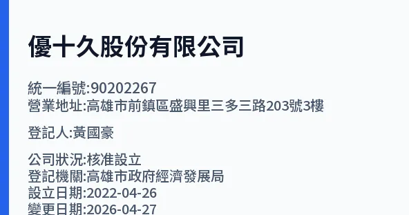 優十久股份有限公司的照片-統編 90202267(高雄市) 公司登記資料與營業項目詳細圖表
