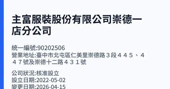 主富服裝股份有限公司崇德一店分公司的照片-統編 90202506(臺中市) 公司登記資料與營業項目詳細圖表