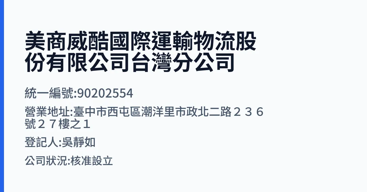 美商威酷國際運輸物流股份有限公司台灣分公司 - 統編 90202554 (臺中市) 公司登記資料與營業項目詳細圖表