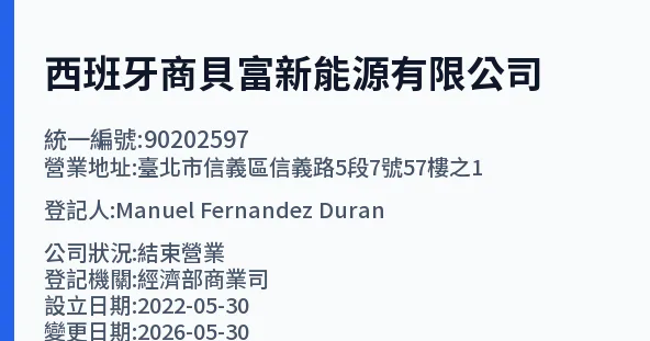 西班牙商貝富新能源有限公司的照片-統編 90202597(臺北市) 公司登記資料與營業項目詳細圖表