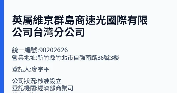 英屬維京群島商速光國際有限公司台灣分公司的照片-統編 90202626(新竹縣) 公司登記資料與營業項目詳細圖表
