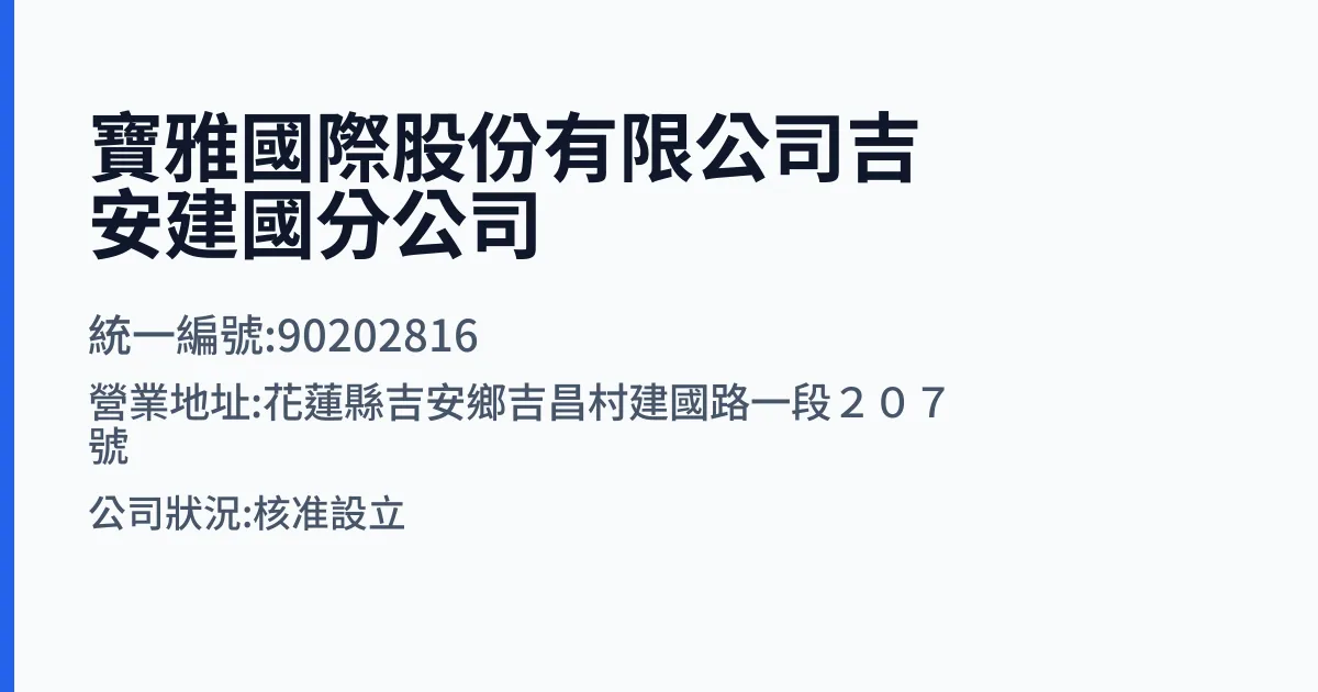 寶雅國際股份有限公司吉安建國分公司 - 統編 90202816(花蓮縣) 公司登記資料與營業項目詳細圖表