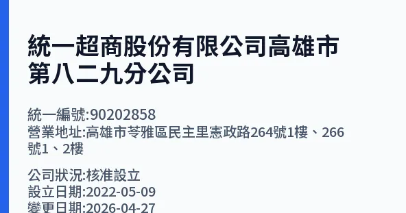 統一超商股份有限公司高雄市第八二九分公司的照片-統編 90202858(高雄市) 公司登記資料與營業項目詳細圖表