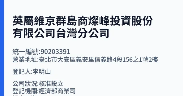 英屬維京群島商燦峰投資股份有限公司台灣分公司的照片-統編 90203391(臺北市) 公司登記資料與營業項目詳細圖表