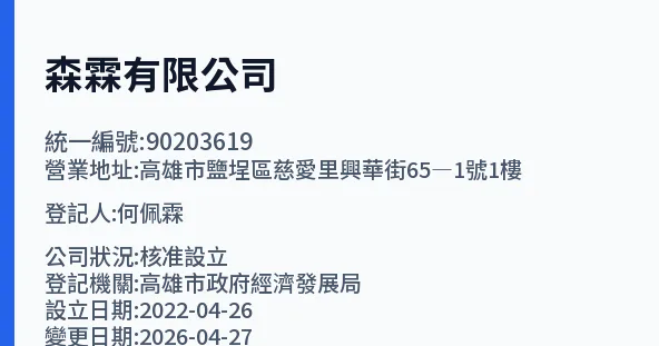 森霖有限公司的照片-統編 90203619(高雄市) 公司登記資料與營業項目詳細圖表