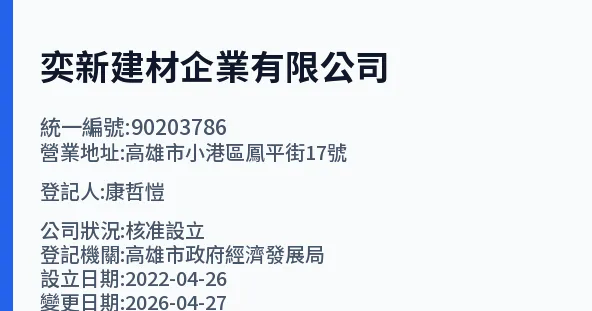 奕新建材企業有限公司的照片-統編 90203786(高雄市) 公司登記資料與營業項目詳細圖表