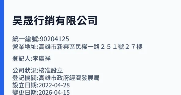昊晟行銷有限公司的照片-統編 90204125(高雄市) 公司登記資料與營業項目詳細圖表