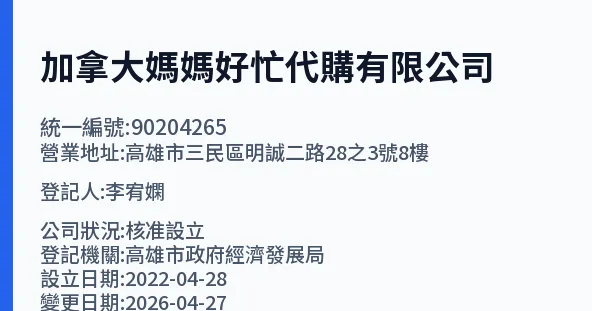加拿大媽媽好忙代購有限公司的照片-統編 90204265(高雄市) 公司登記資料與營業項目詳細圖表