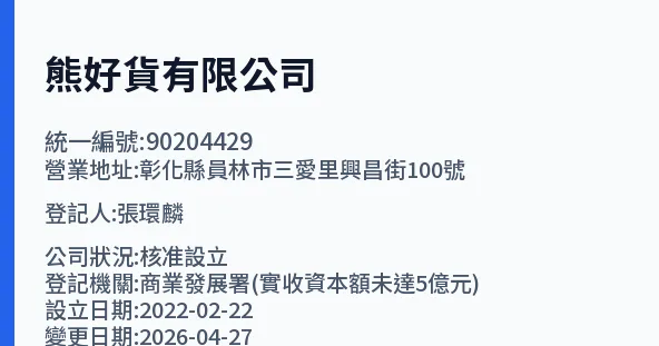 熊好貨有限公司的照片-統編 90204429(彰化縣) 公司登記資料與營業項目詳細圖表