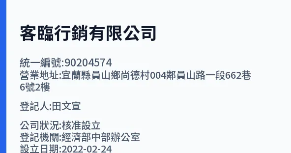 客臨行銷有限公司的照片-統編 90204574(宜蘭縣) 公司登記資料與營業項目詳細圖表