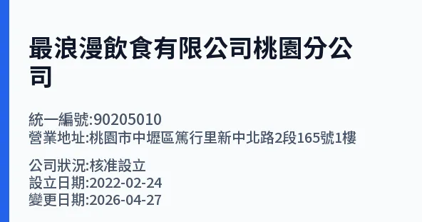 最浪漫飲食有限公司桃園分公司的照片-統編 90205010(桃園市) 公司登記資料與營業項目詳細圖表