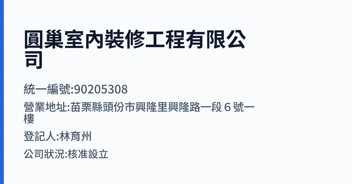 圓巢室內裝修工程有限公司 - 統編 90205308(苗栗縣) 公司登記資料與營業項目詳細圖表