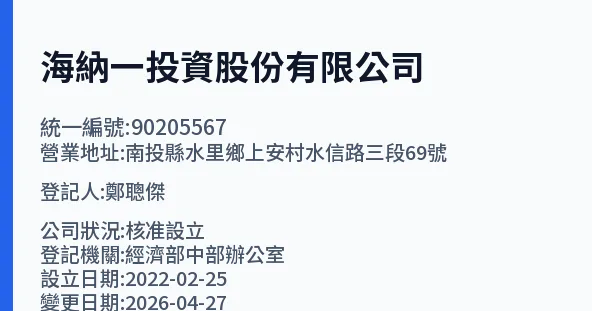 海納一投資股份有限公司的照片-統編 90205567(南投縣) 公司登記資料與營業項目詳細圖表