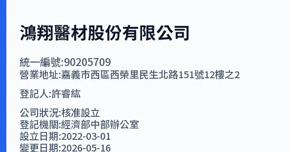 鴻翔醫材股份有限公司的照片-統編 90205709(嘉義市) 公司登記資料與營業項目詳細圖表