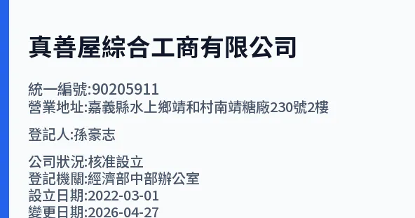 真善屋綜合工商有限公司的照片-統編 90205911(嘉義縣) 公司登記資料與營業項目詳細圖表